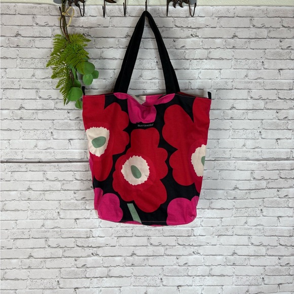 Marimekko | Bags | Marimekko Bright Pink Red Poppy Floral Tote Bag ...